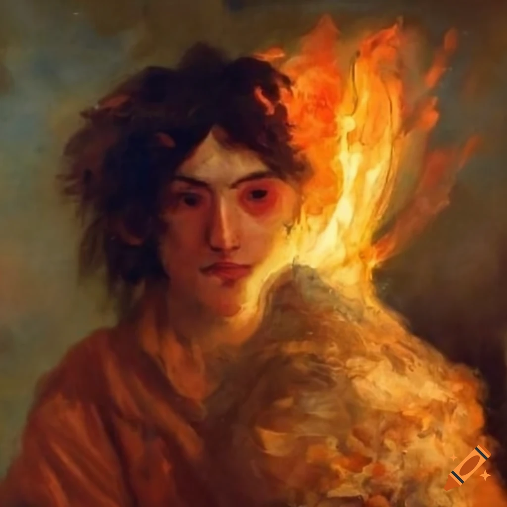 Oil painting of a man with blue flames in his hair on Craiyon