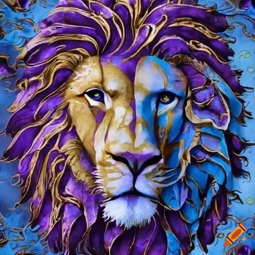 Lion head in blue, purple, and gold batik pattern on Craiyon