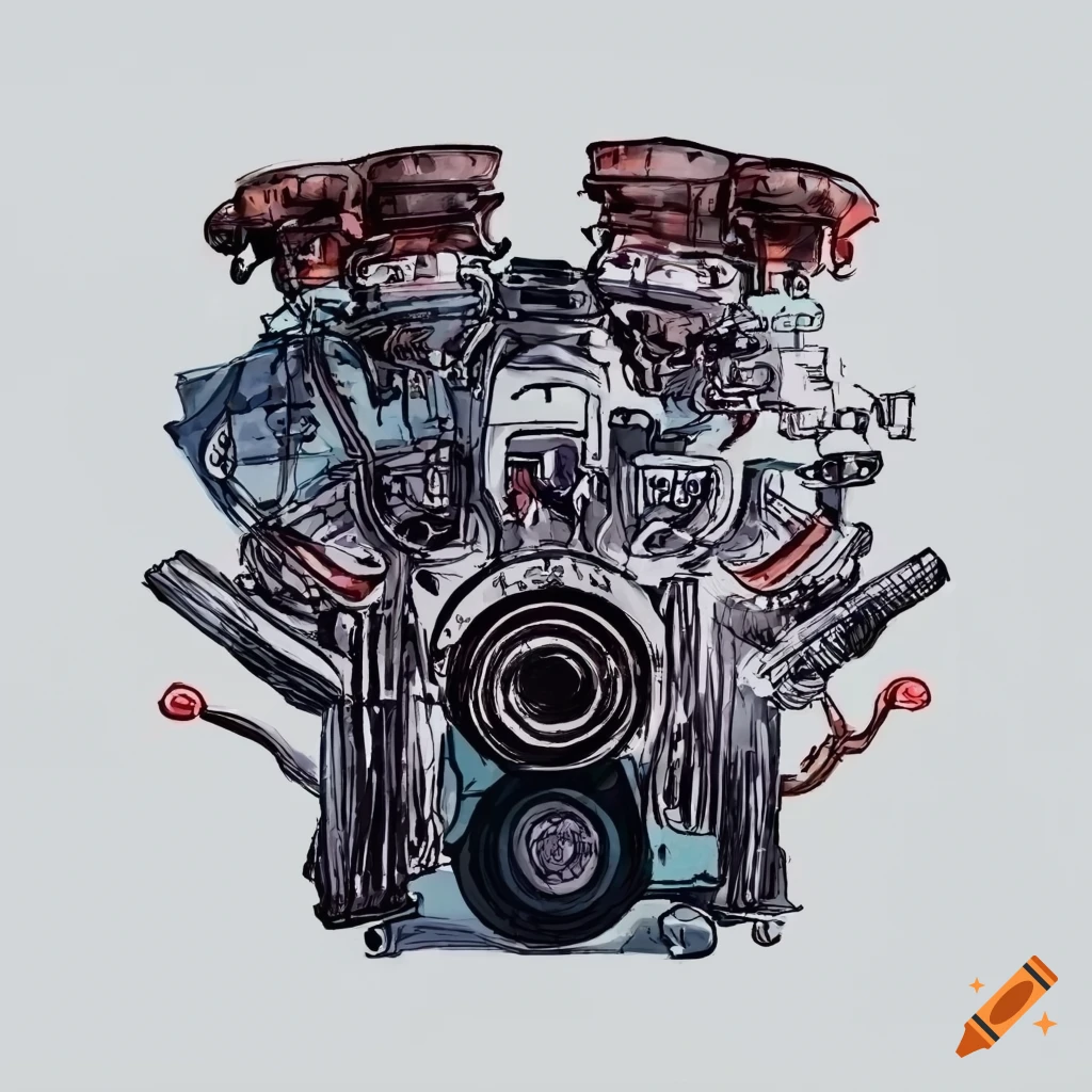 Hand-drawn watercolor illustration of a car engine on Craiyon