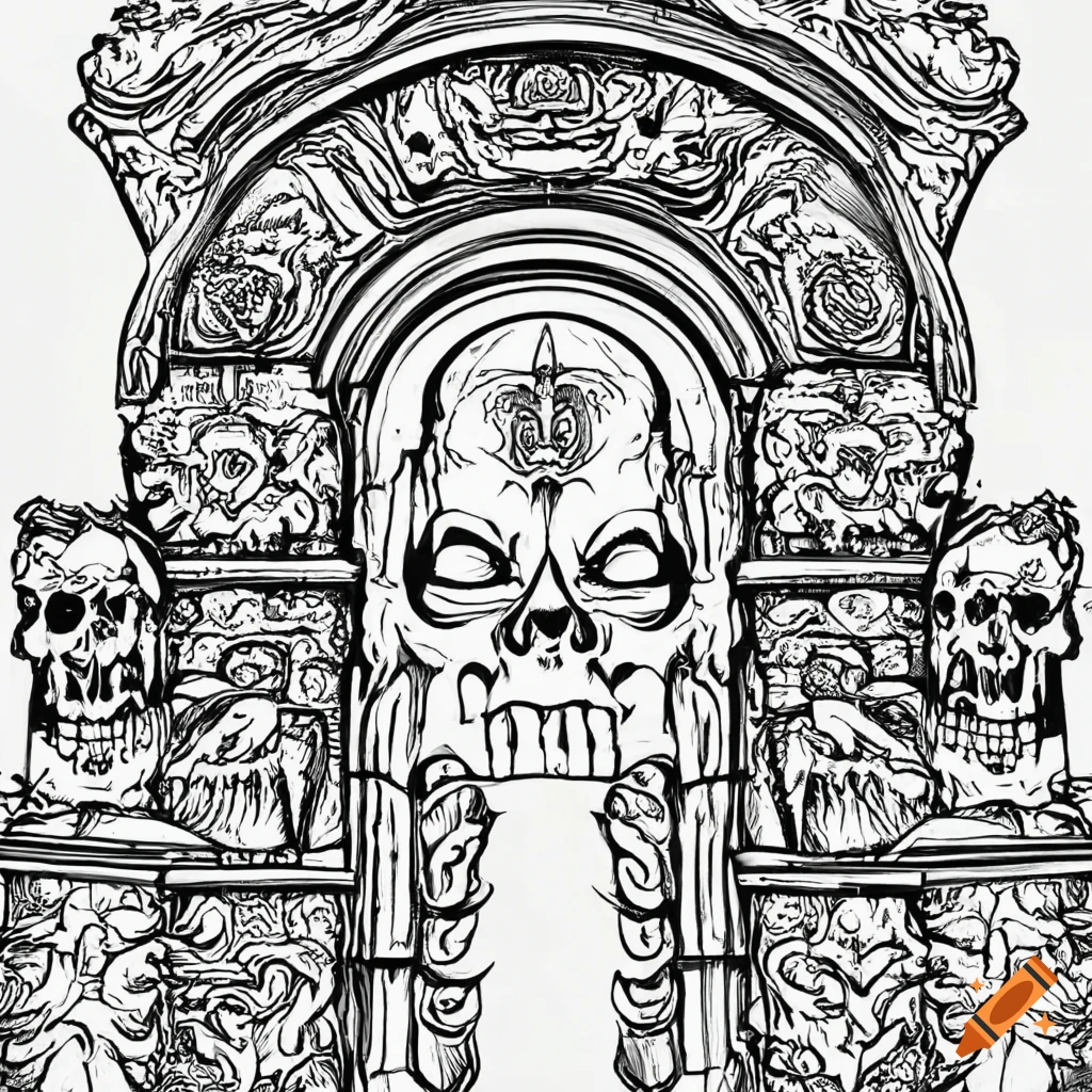 Line-art of a stone archway with demon skull carvings on Craiyon