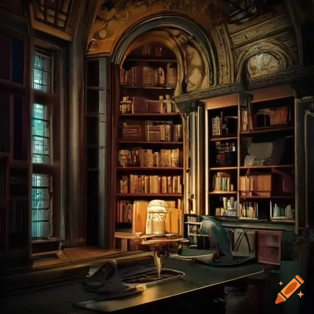 Image of a magical library connected to a futuristic computer room on ...