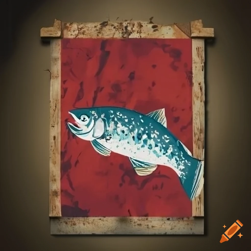 Weathered Medieval military banner with fish trout design on Craiyon