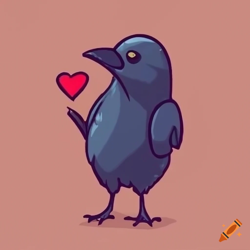 Emote style illustration of a crow holding a heart