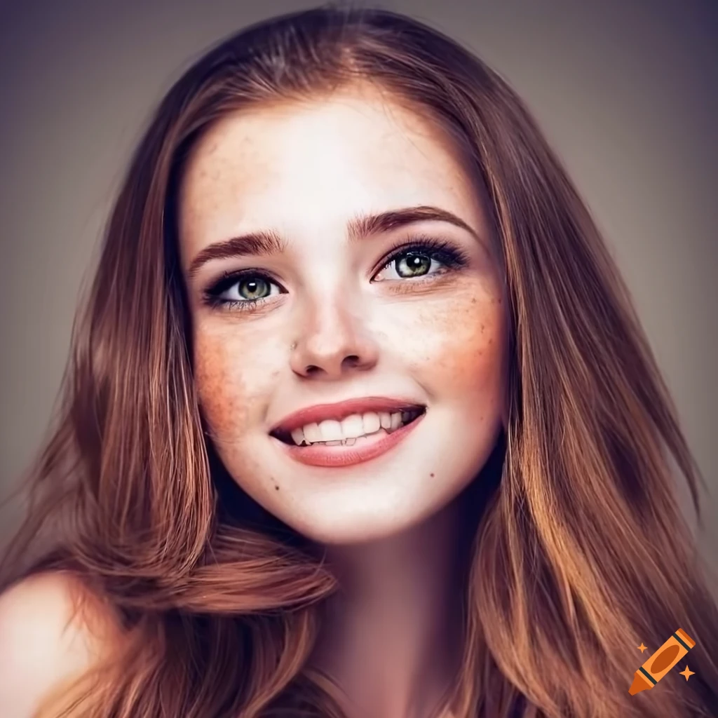 Portrait of a young woman with a joyful smile and freckles on Craiyon