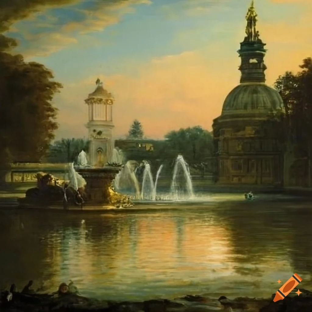 Neoclassical landscape painting with a gazebo and fountain on Craiyon