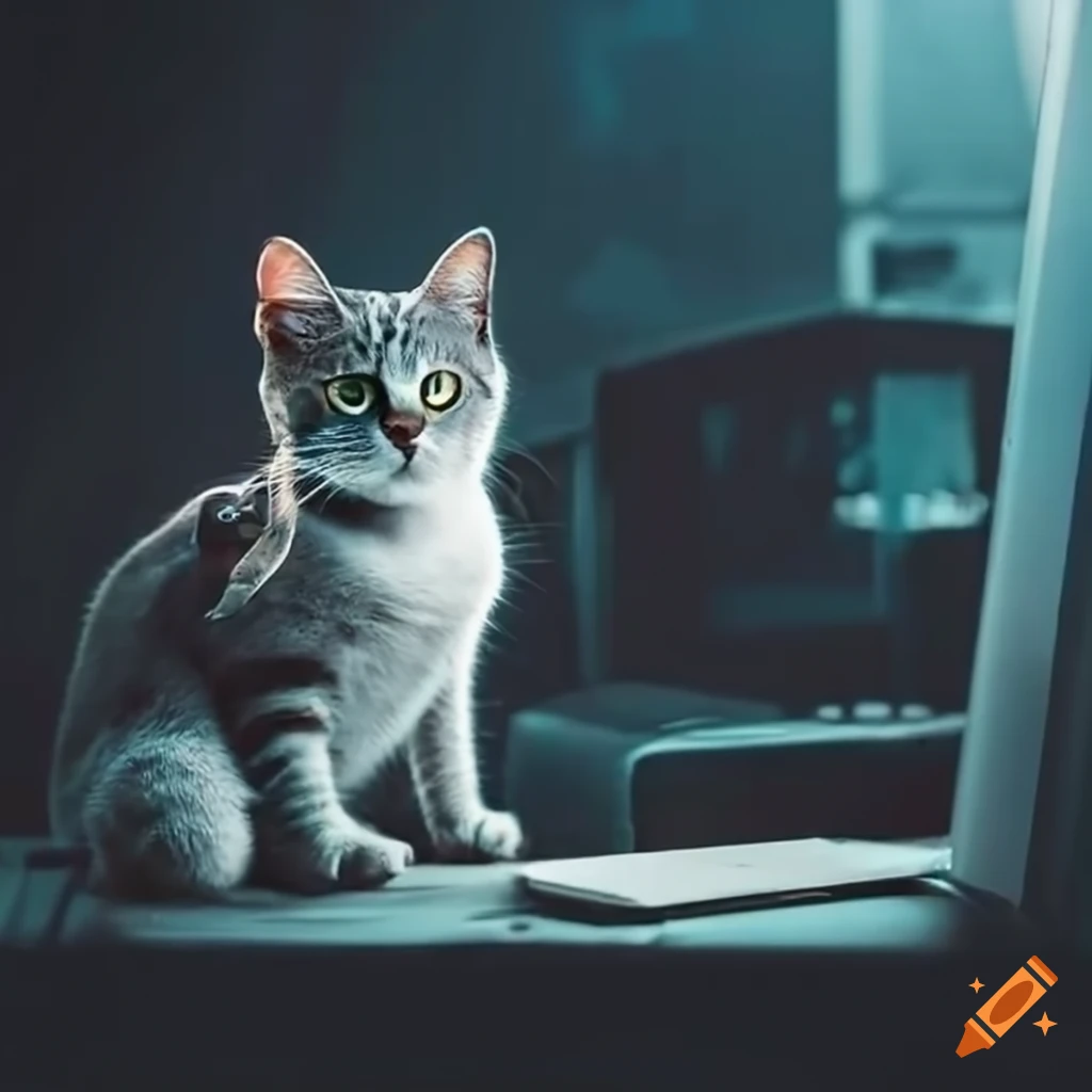 Gray cat in a futuristic secret hideout with nunchucks