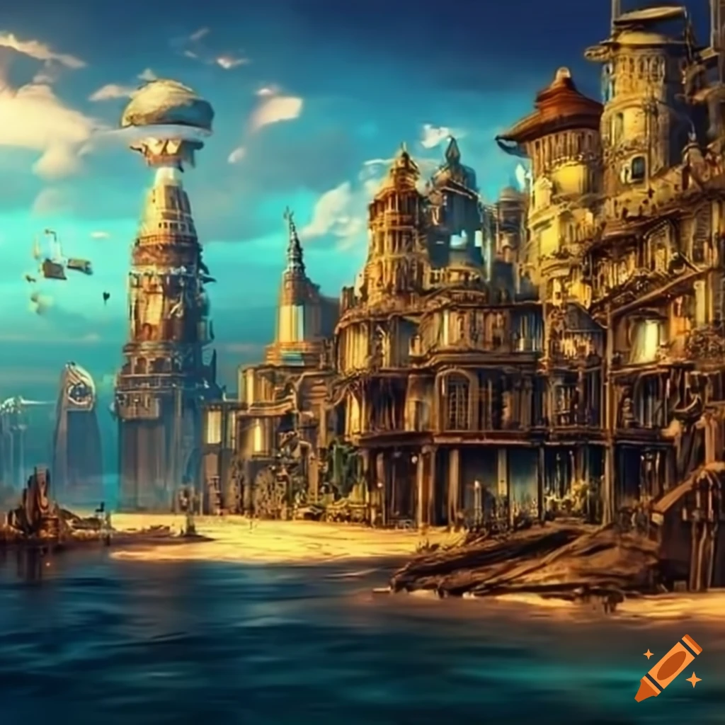 Steampunk cityscape with palm trees by the beach on Craiyon