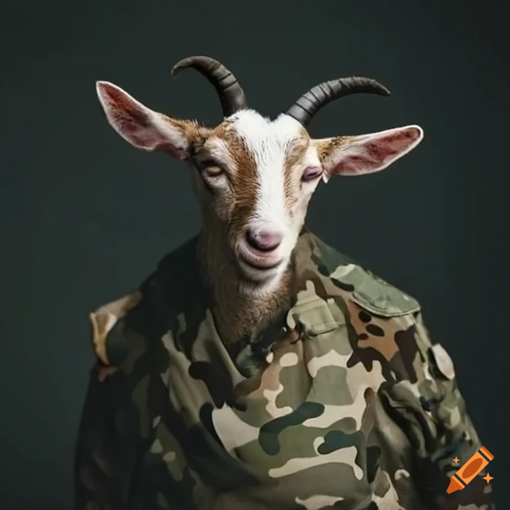 Mischievous goat wearing camouflage gear
