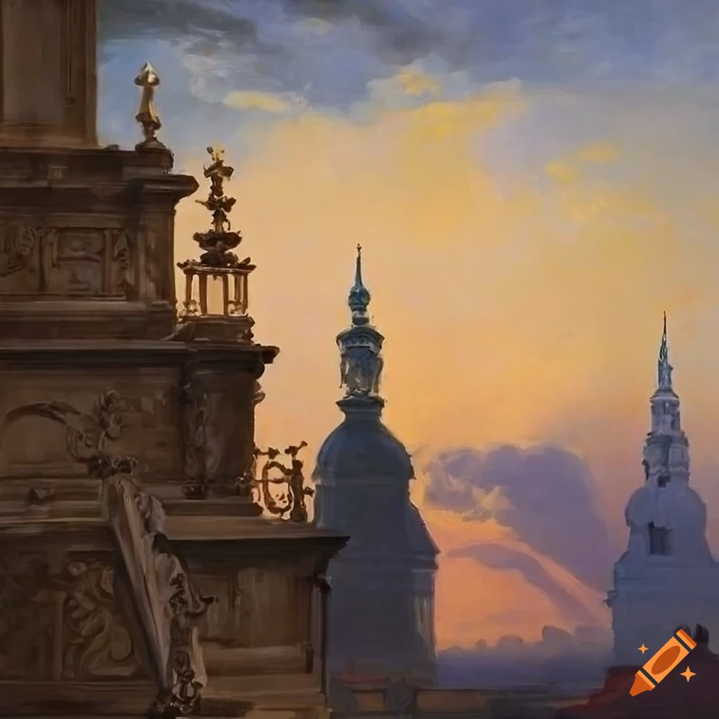 Neoclassical landscape painting with buildings on stairs and lanterns ...