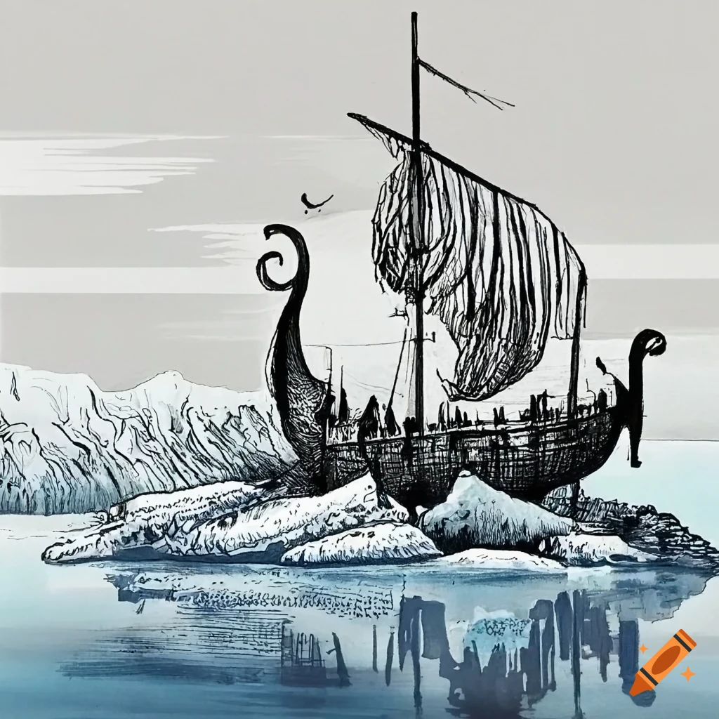 Black and white ink drawing of a shipwrecked viking ship on a desolate ...