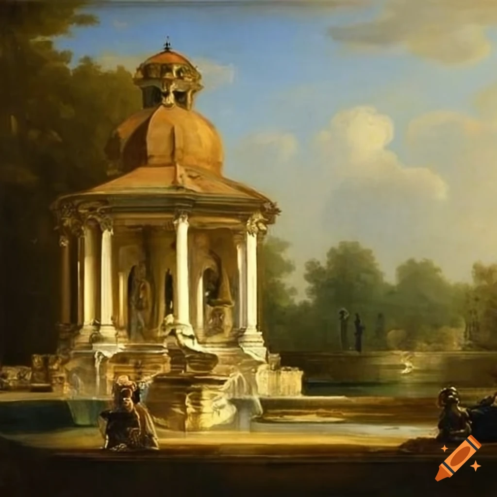 Neoclassical landscape painting with a gazebo and a fountain on Craiyon