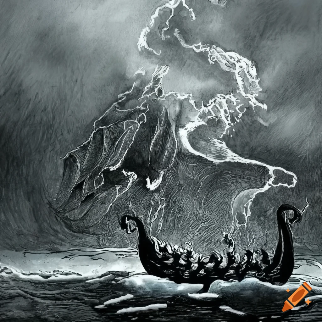 Ink drawing of a viking ship in stormy waters on Craiyon