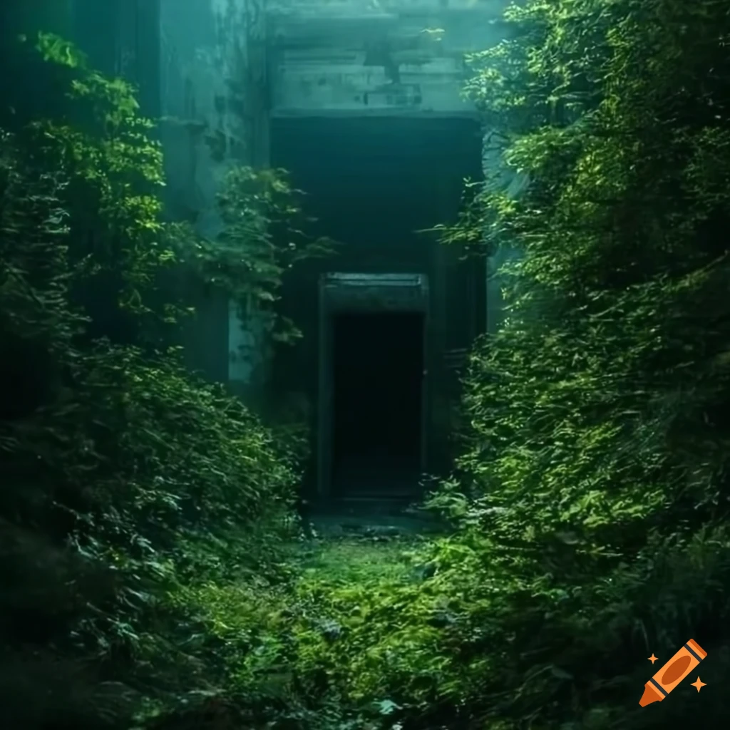 Overhead view of an overgrown bunker entrance at night on Craiyon