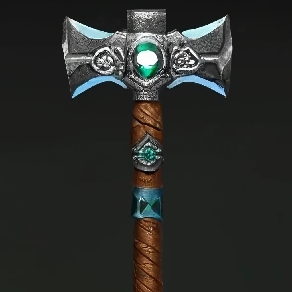 Fantasy war hammer with emerald inlays on Craiyon