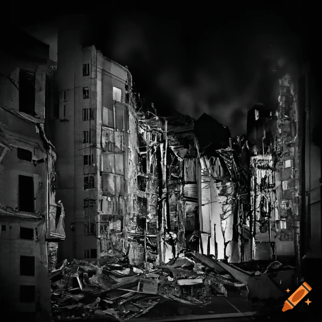 Nighttime view of bombed city buildings on Craiyon