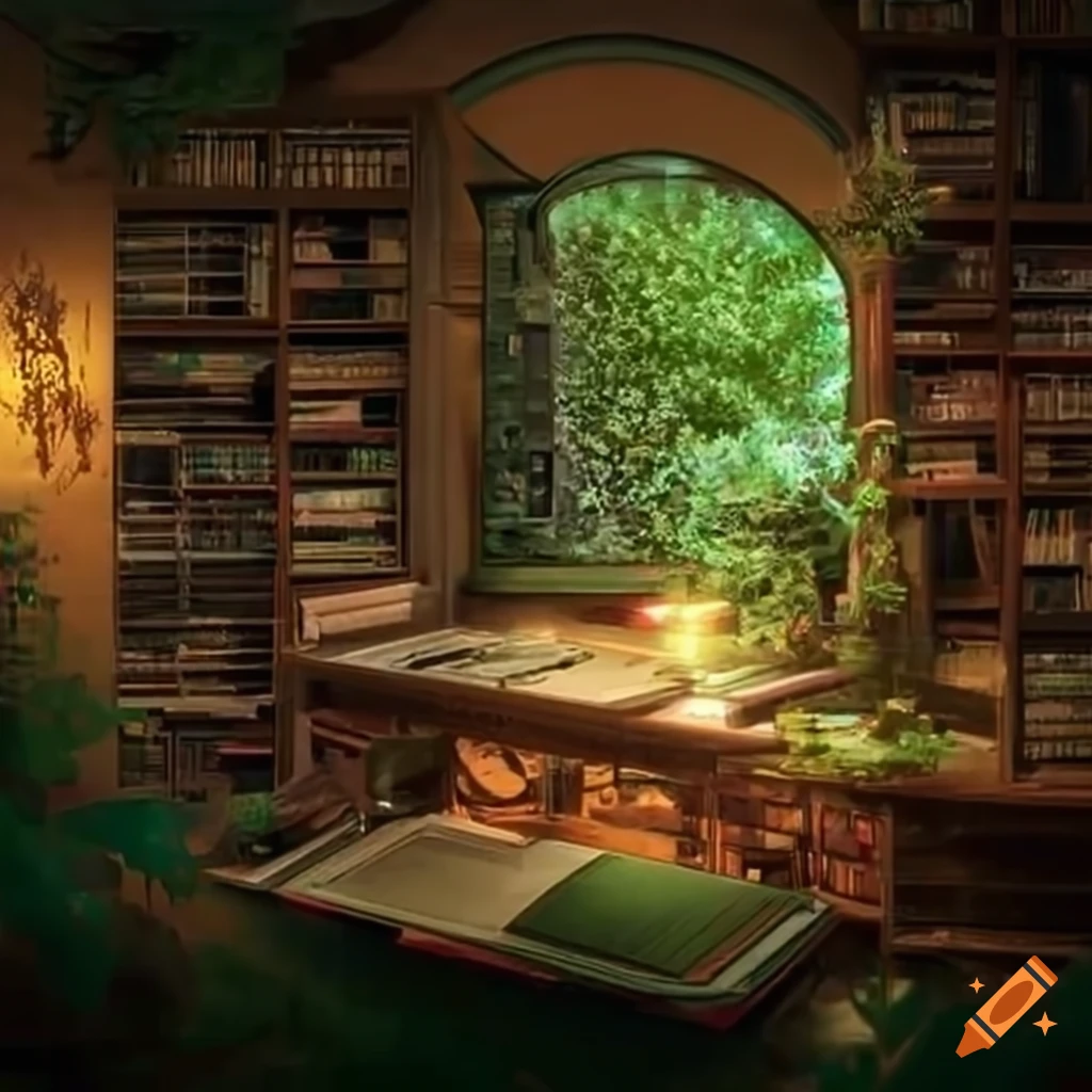 Image of a magical study library with a vibrant garden on Craiyon