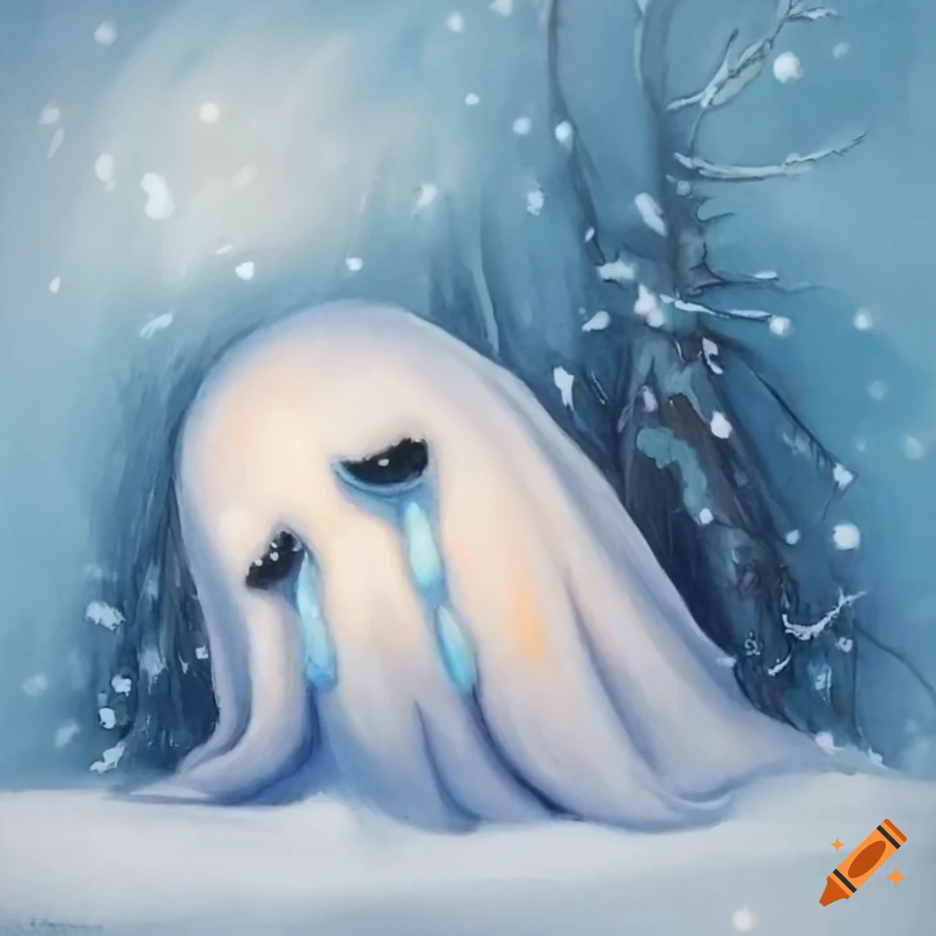 Cute drawing of a crying ghost in the snow on Craiyon