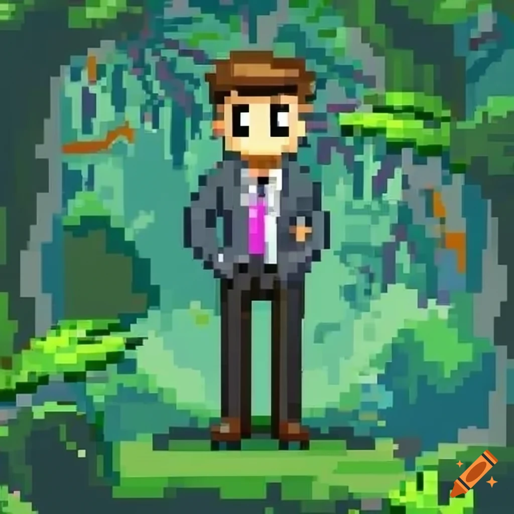 Low-resolution pixel art of a person exploring a lush rainforest on Craiyon
