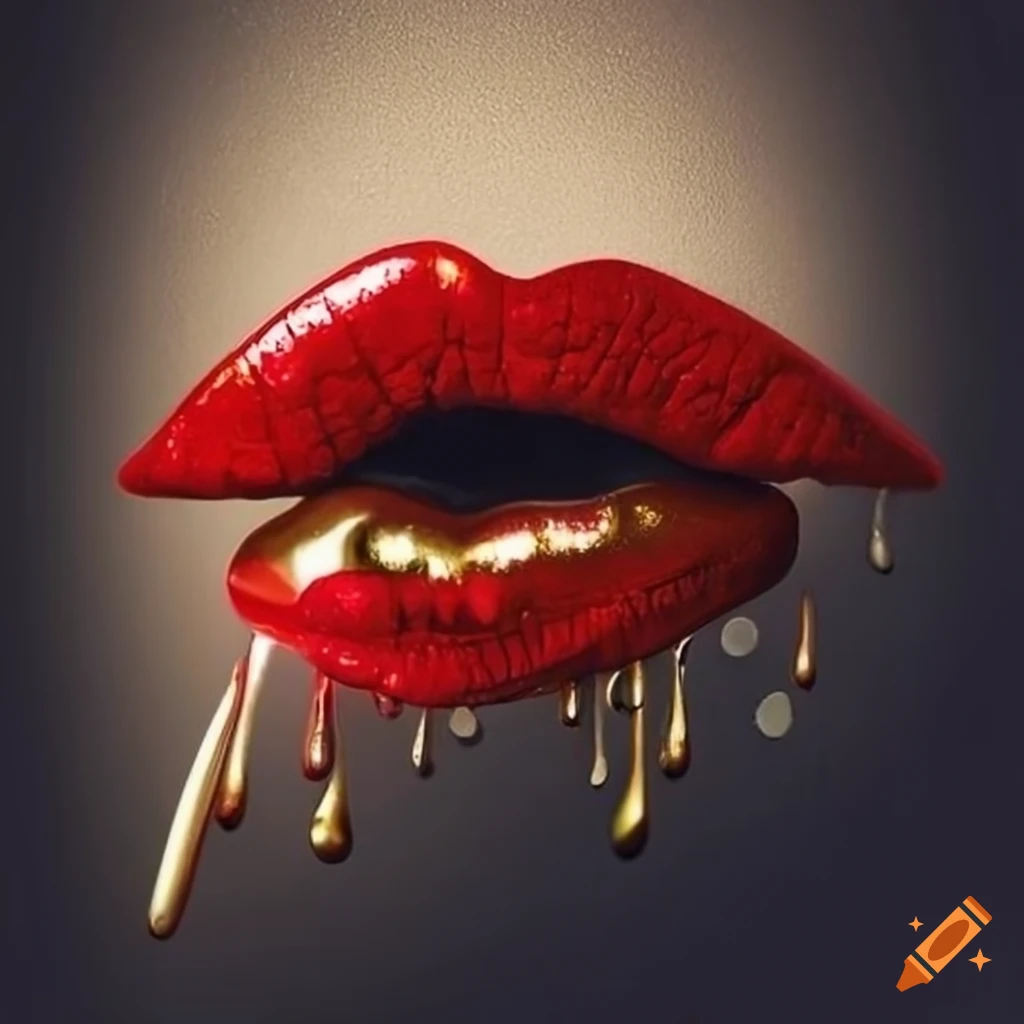 Abstract representation of frozen gold and silver dripping lips on Craiyon