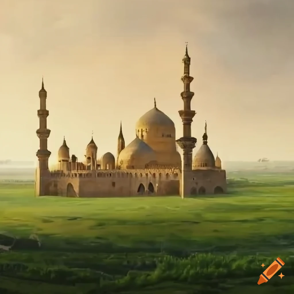 Bird's eye view of an Islamic city with a central mosque and ...