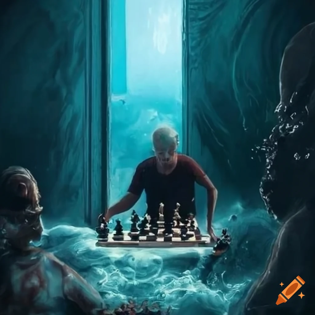 Artwork of a man playing chess with a demon by the ocean on Craiyon