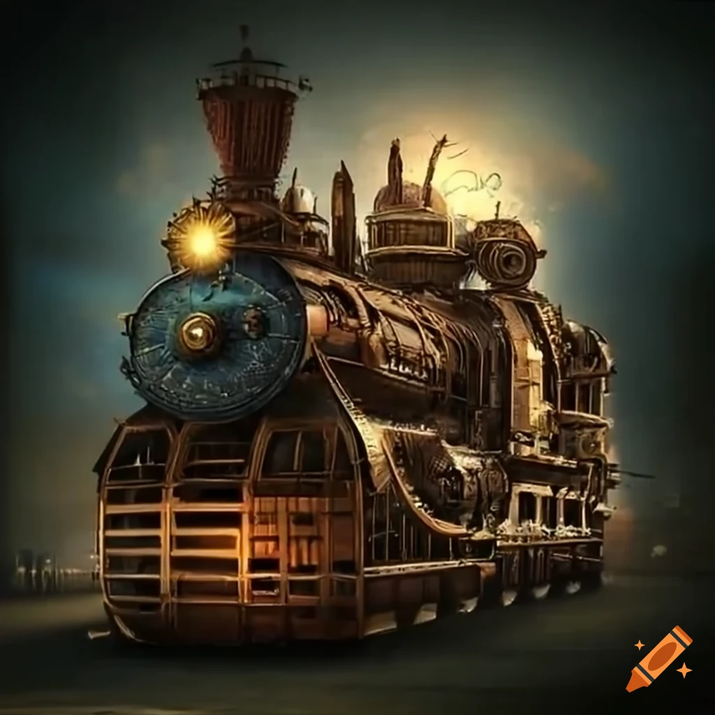 Steampunk locomotive in a futuristic city on Craiyon