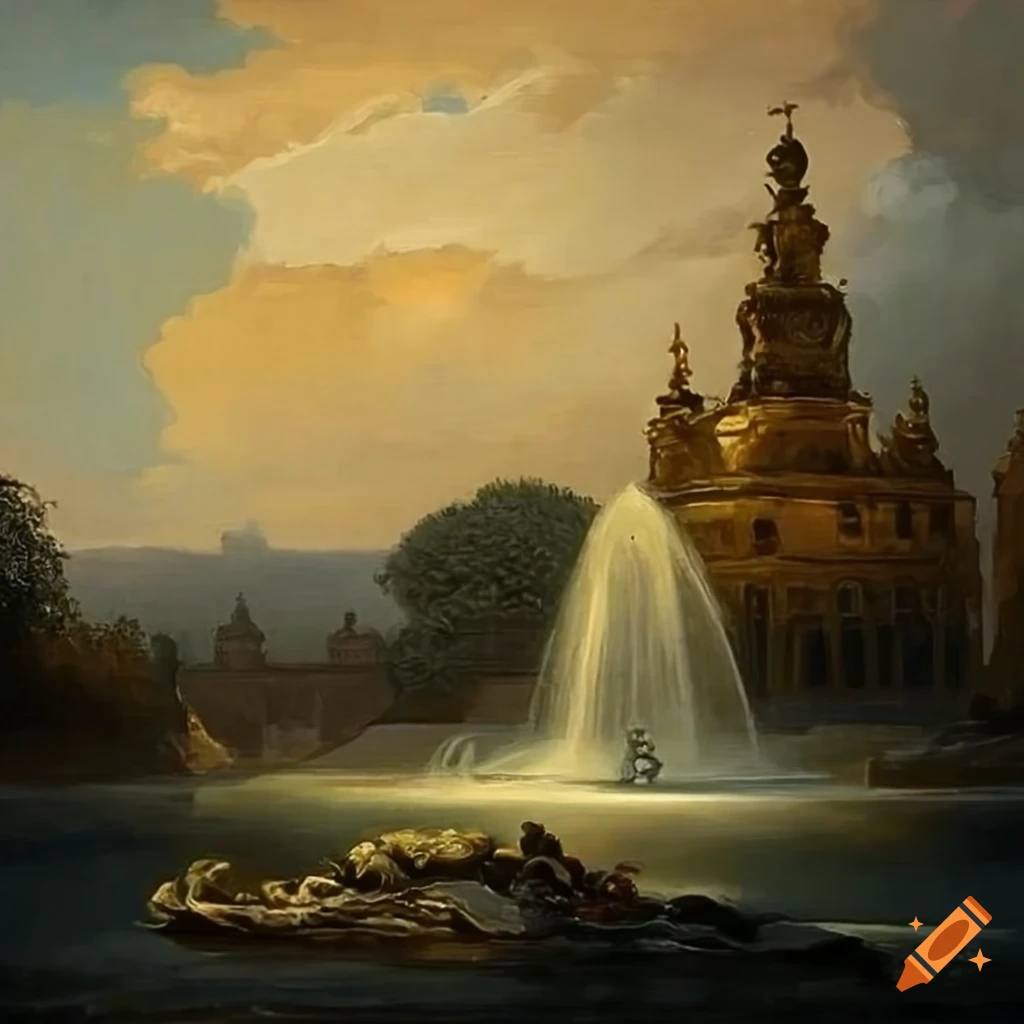 Neoclassical landscape painting with a white house in a fountain on Craiyon