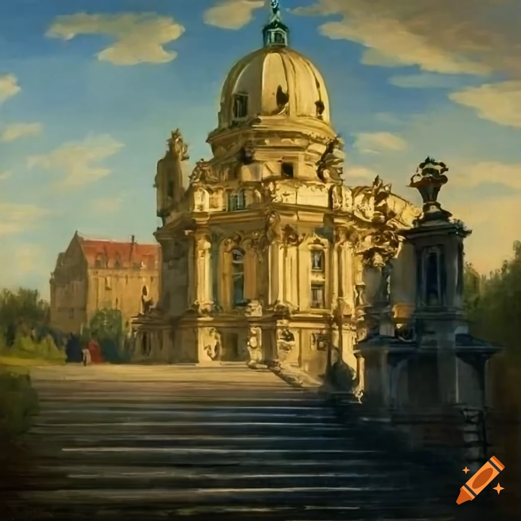 Neoclassical landscape painting with a fountain and dome building on ...
