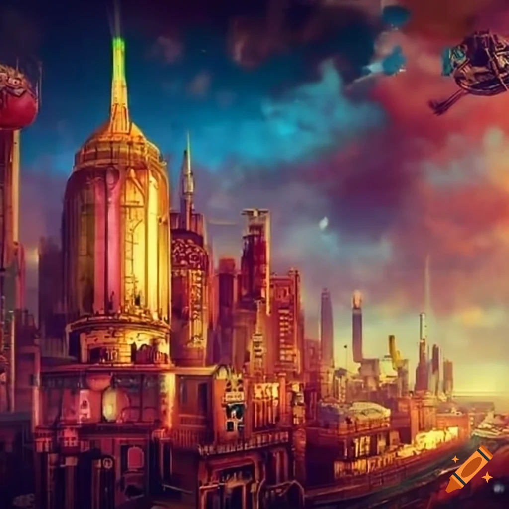 Image of a futuristic steampunk city with airships and biplanes on Craiyon