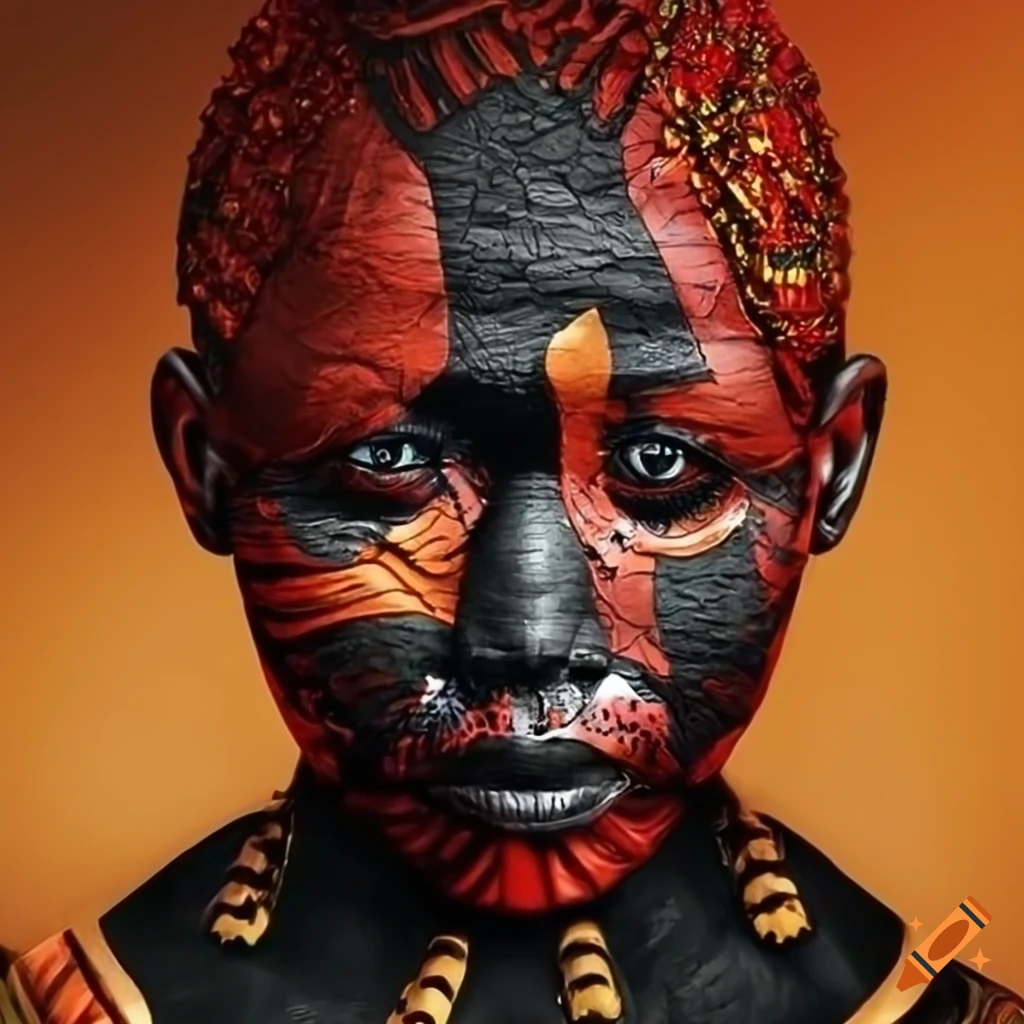 Surreal abstract artwork of a red, gold, and black cyborg African tribe ...