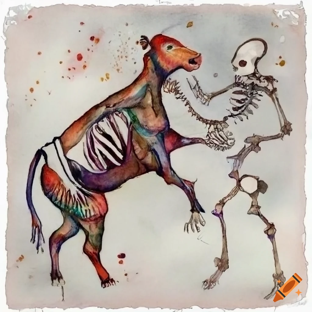 Pencil drawing of a cow fighting a skeleton