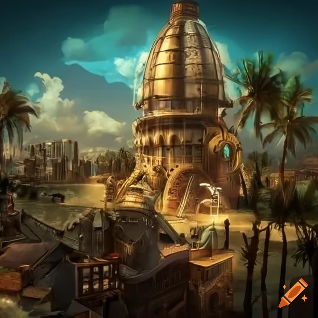 Steampunk cityscape with palm trees on a tropical beach on Craiyon