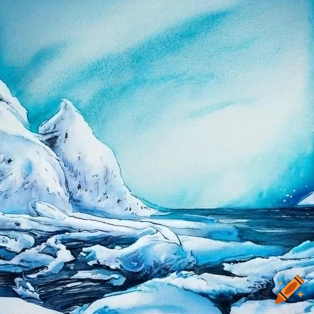 Detailed ink drawing of a desolate snowy island on Craiyon