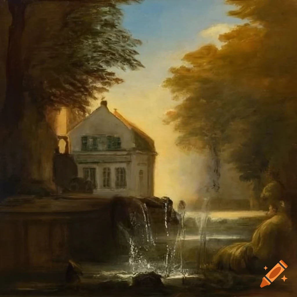 Neoclassical landscape painting with a small house and a fountain on ...