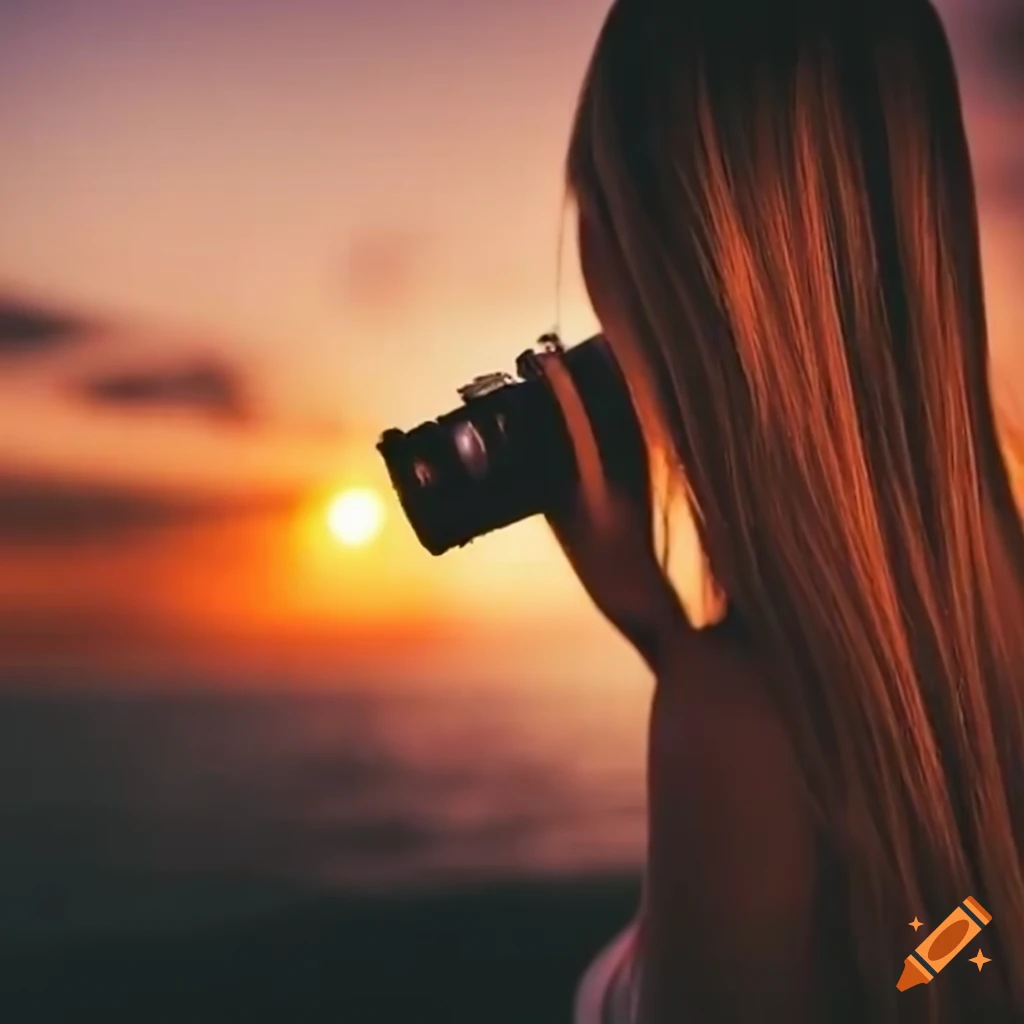 Woman capturing sunset with a camera