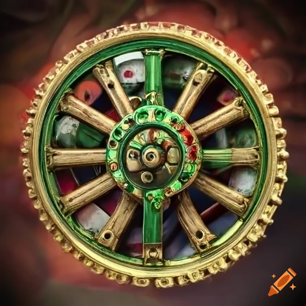 Steampunk flying wheel in red, green and gold