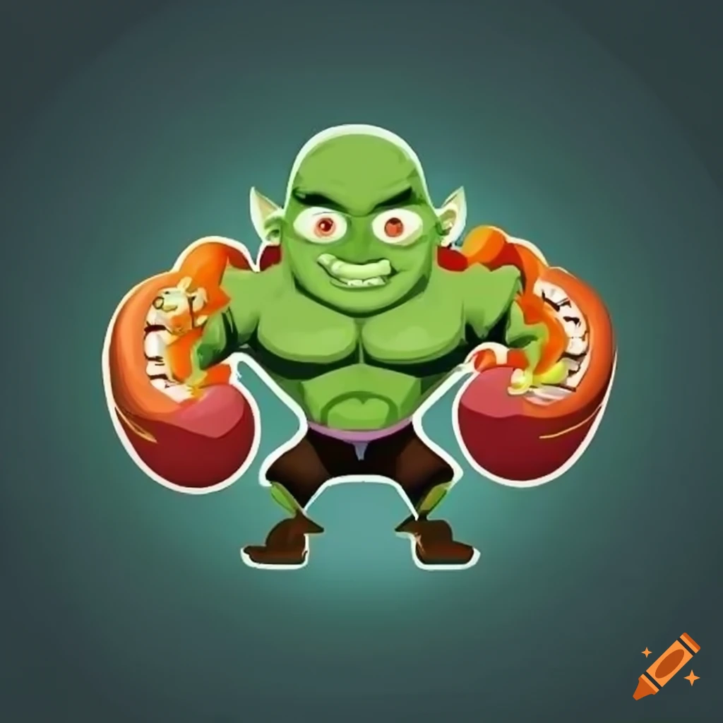 Team logo of a goblin lifting a hotdog like a dumbbell on Craiyon