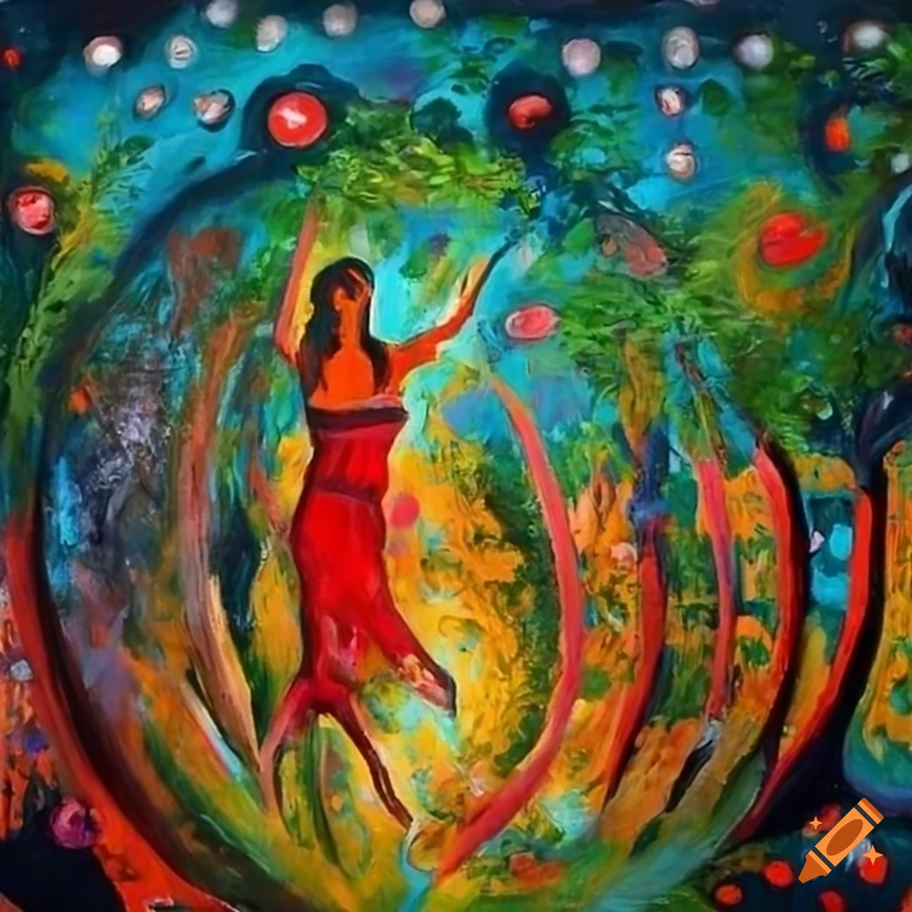 Expressionist painting of three greek Maenads dancing in a magical forest on Craiyon