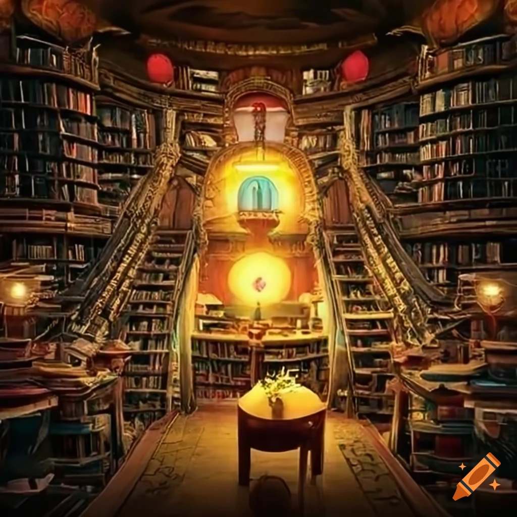 Image of a magical library with a garden and a dragon on Craiyon