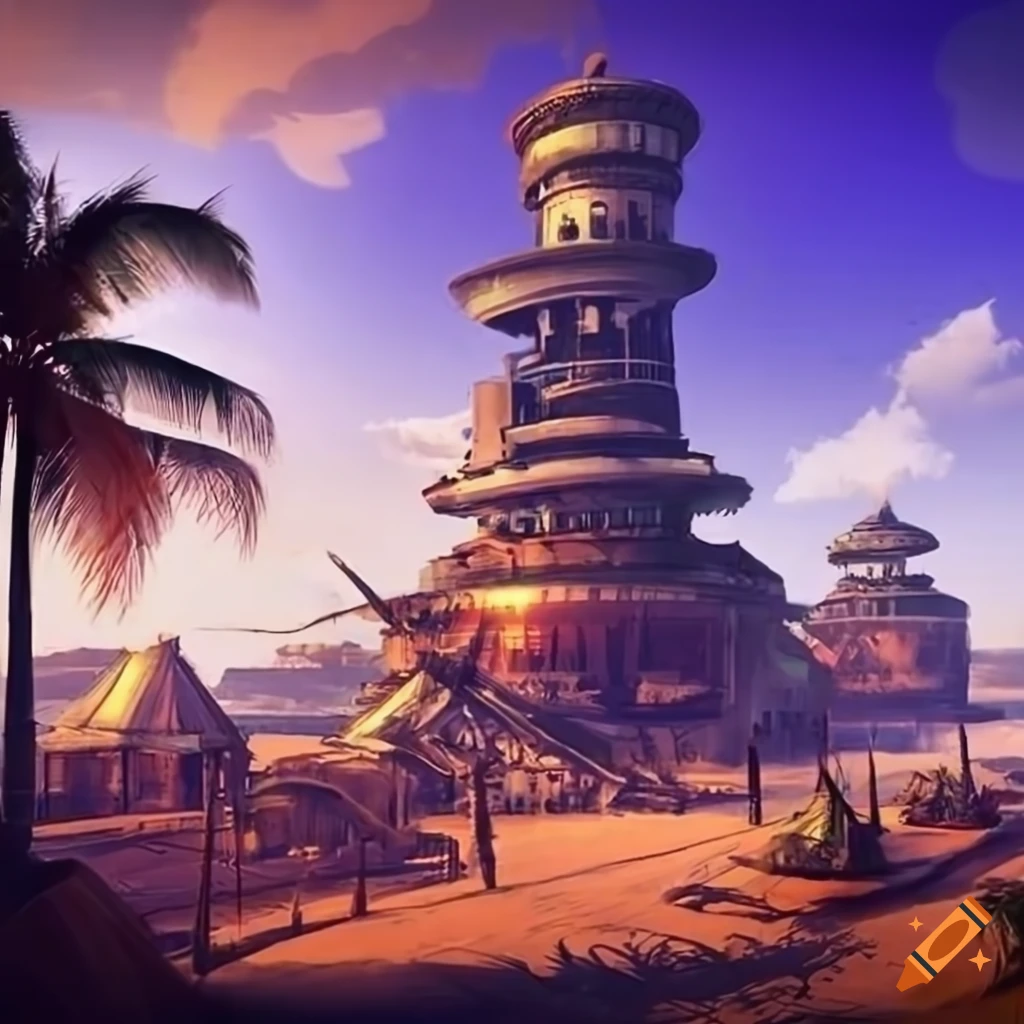 Futuristic steampunk cityscape with palm trees on a tropical beach on ...