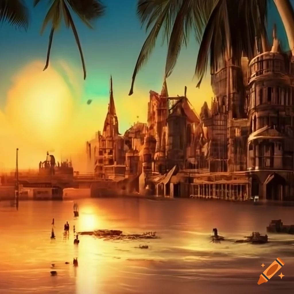 Steampunk cityscape with palm trees on a tropical beach on Craiyon