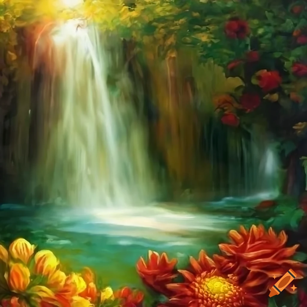 Colourful oil painting of a majestic waterfall in a forest on Craiyon