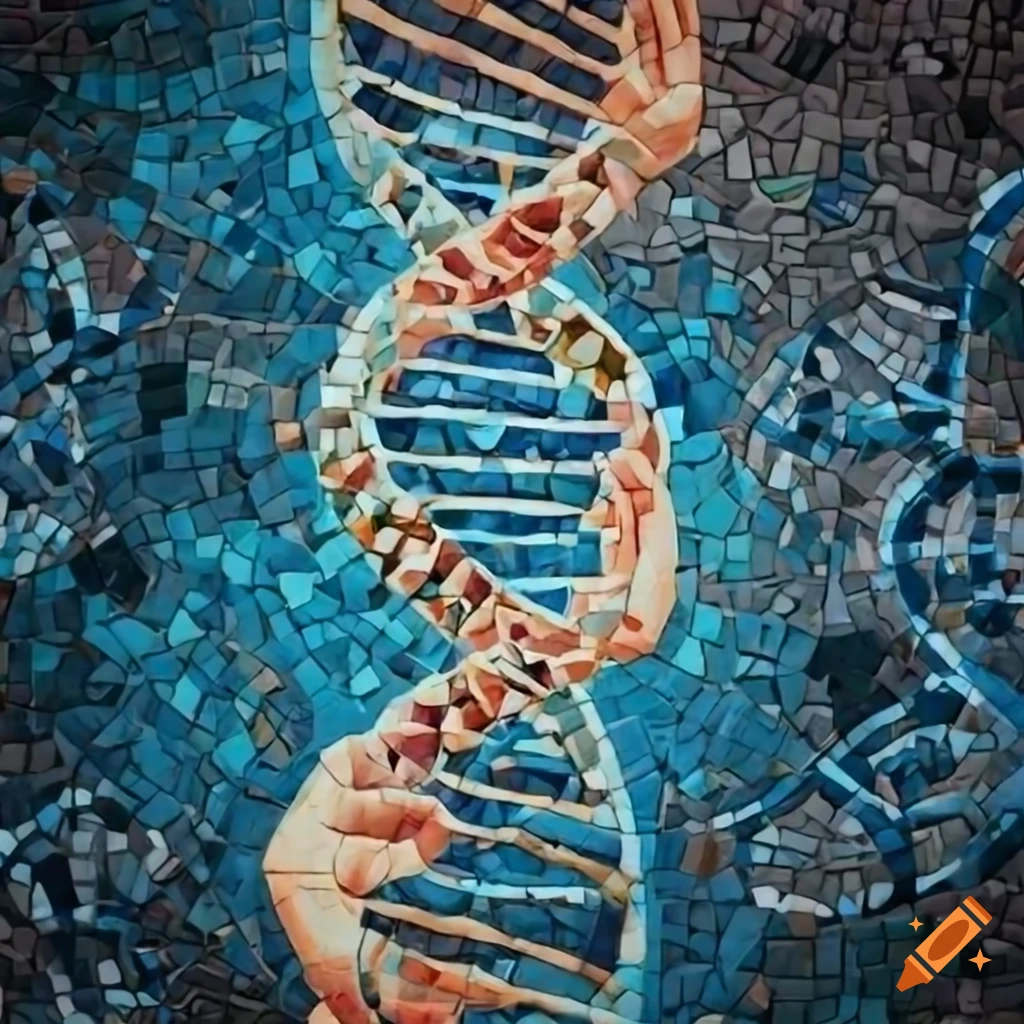 Mosaic mural of hands holding a dna helix on Craiyon