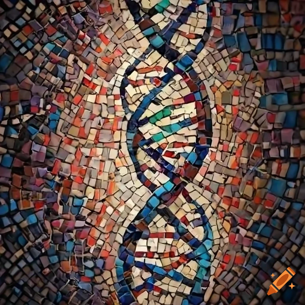 Mosaic art of hands holding a dna double helix on Craiyon
