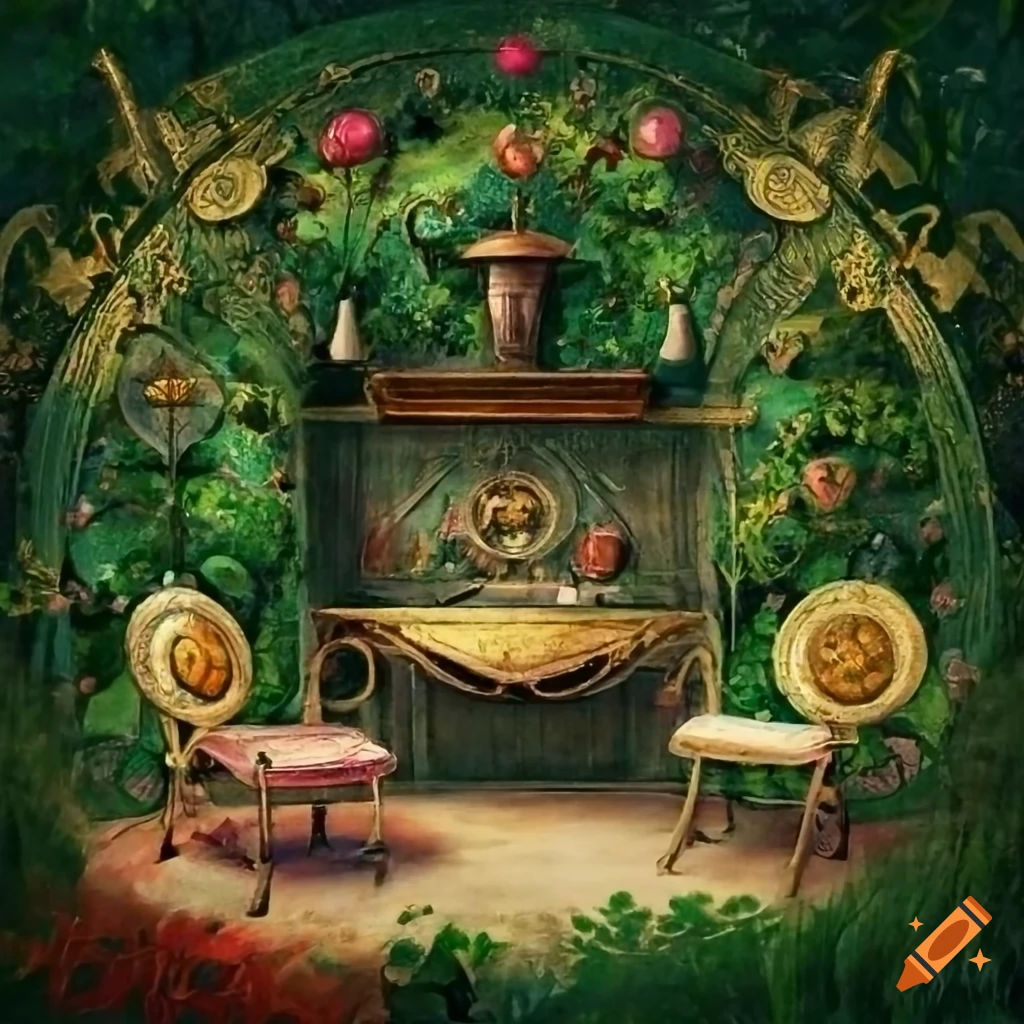 Whimsical alchemy room with garden view on Craiyon