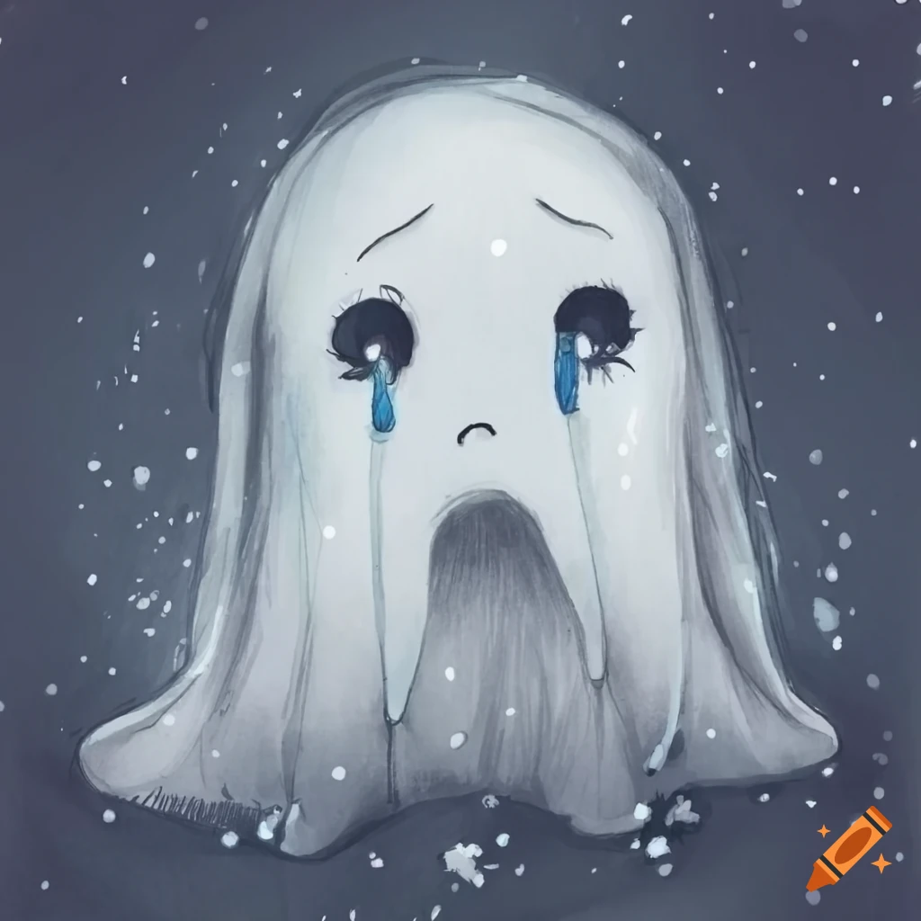 Drawing of a sad ghost in the snow on Craiyon