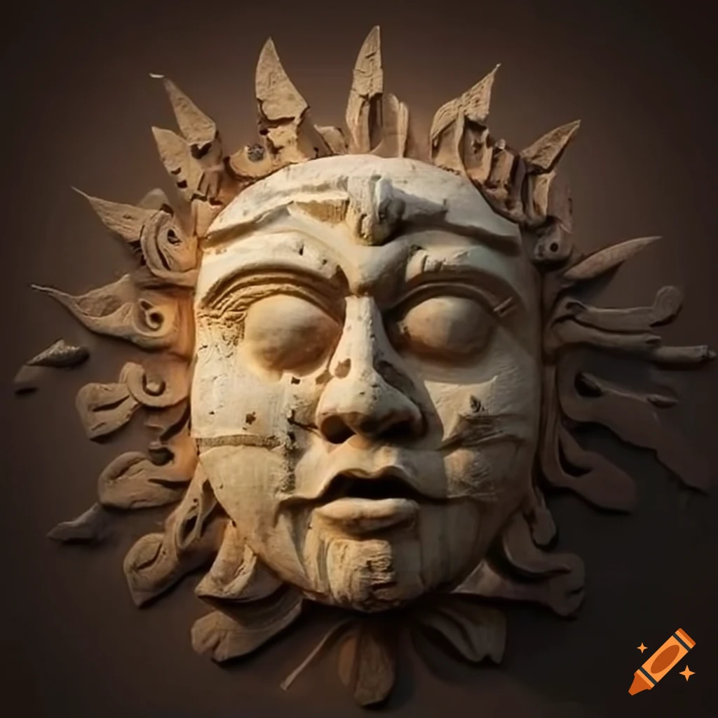 Sun-god face sculpture on a cliff on Craiyon