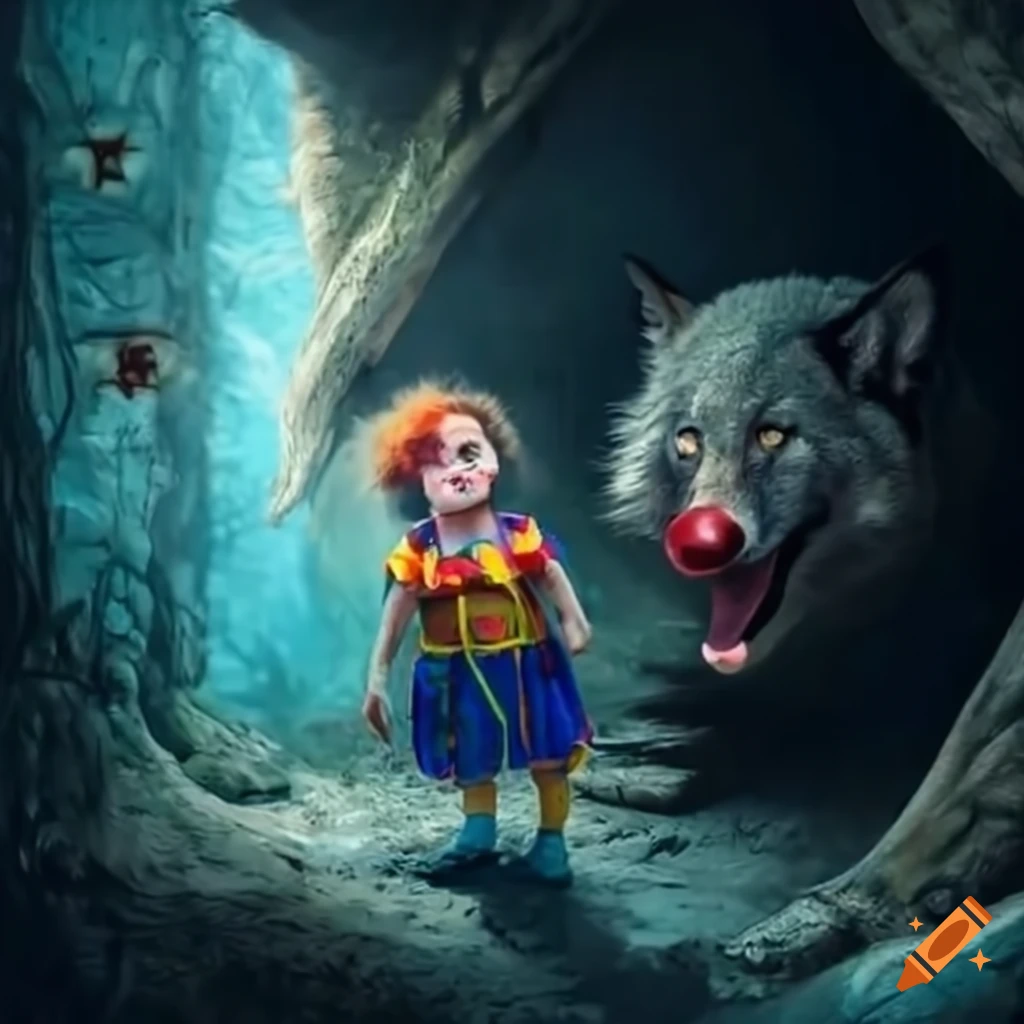 Illustration of a clown surrounded by wolves on Craiyon