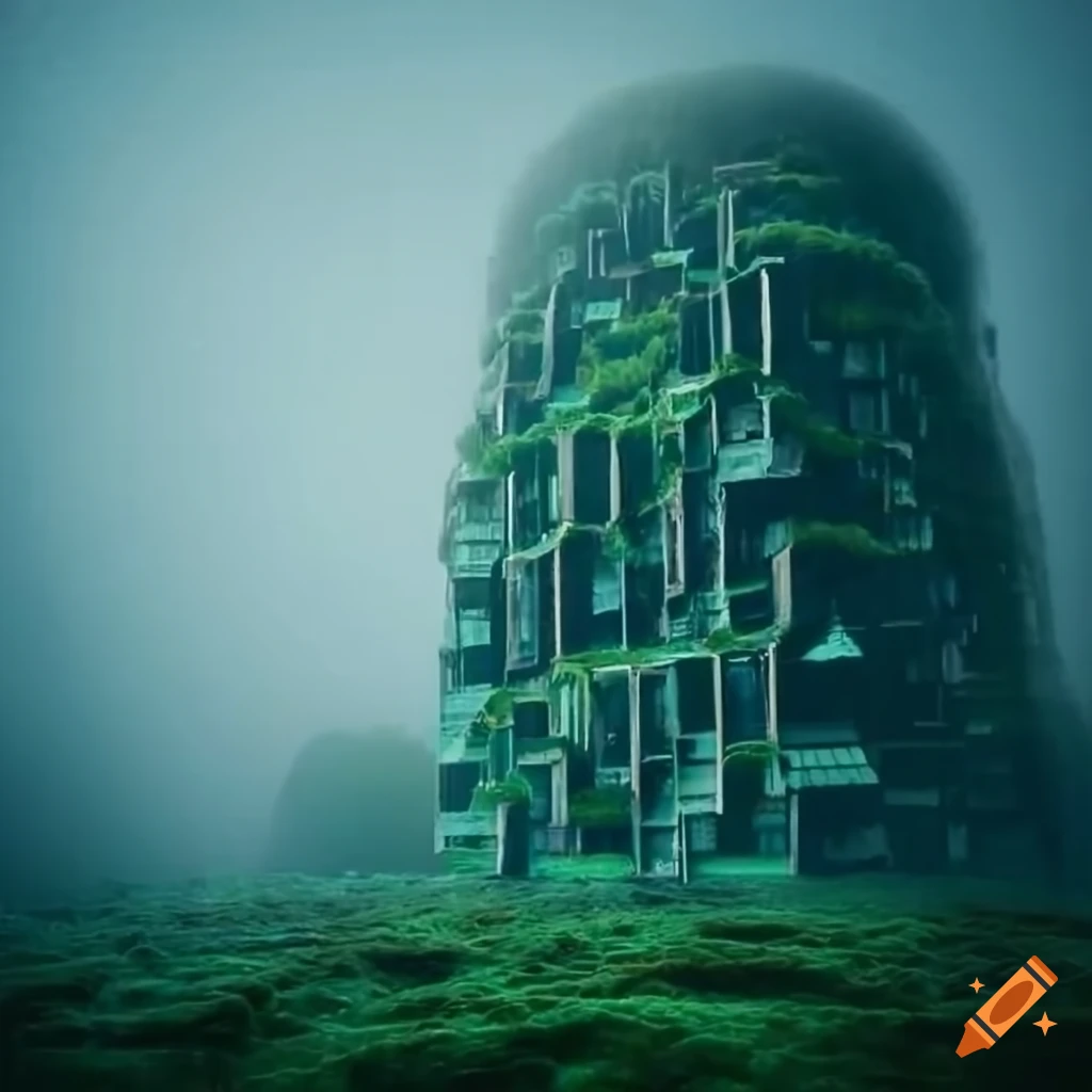 Skyscraper covered in moss with crystal windows on Craiyon