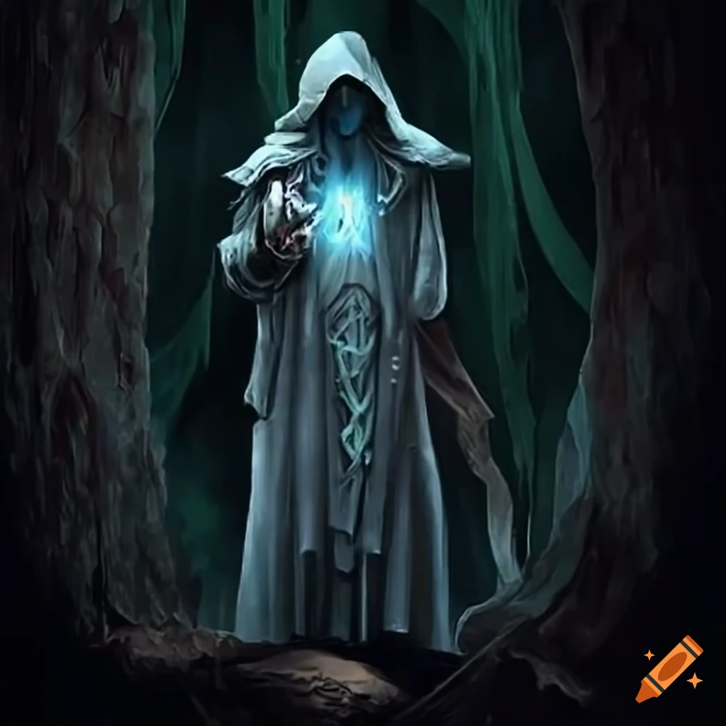 Image of a hooded necromancy wizard with a crystal on Craiyon